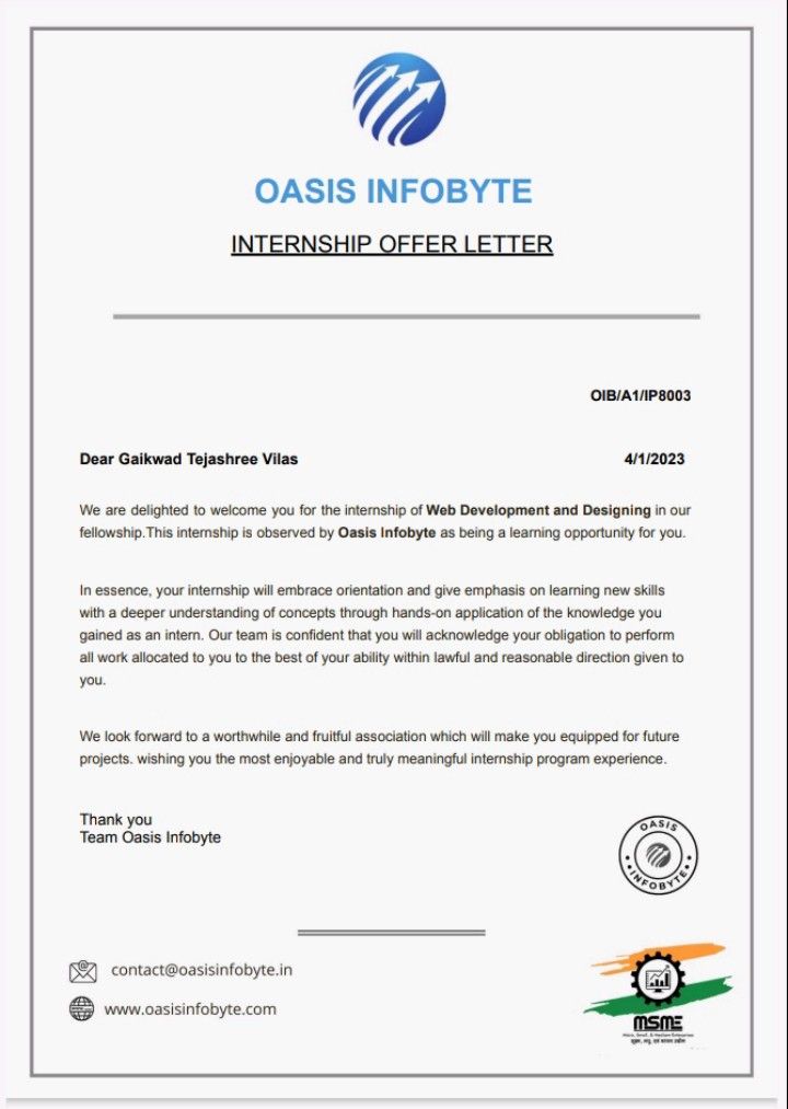 Tejashree Gaikwad on LinkedIn: #intern #oasisinfobyte #oasisinfobyte Tejashree Gaikwad on LinkedIn: #intern #oasisinfobyte #oasisinfobyte