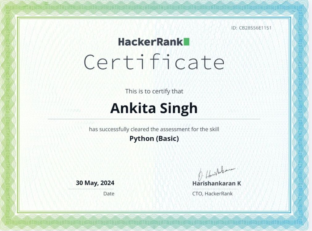 Ankita Singh on LinkedIn: #pythoncertification #hackerrank #programming ... Ankita Singh on LinkedIn: #pythoncertification #hackerrank #programming ...