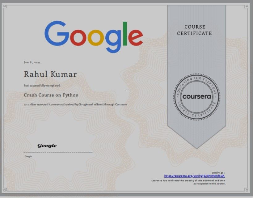 Rahul Kumar on LinkedIn: #python #crashcourse #google #coursera # ... Rahul Kumar on LinkedIn: #python #crashcourse #google #coursera # ...
