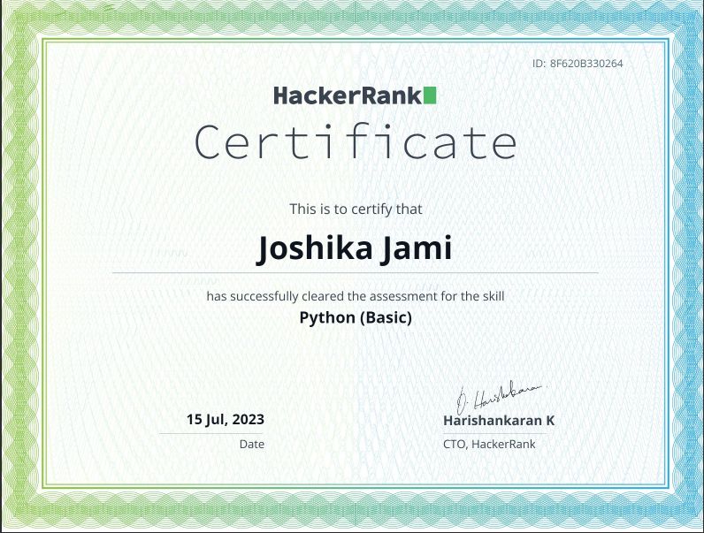 Jami Joshika on LinkedIn: Took up HackeRank python(basics) test and got ... Jami Joshika on LinkedIn: Took up HackeRank python(basics) test and got ...