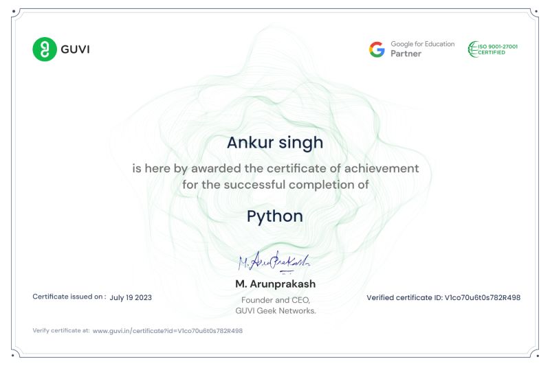 ANKUR KUMAR SINGH on LinkedIn: #guvi #pythonprogrammer ANKUR KUMAR SINGH on LinkedIn: #guvi #pythonprogrammer