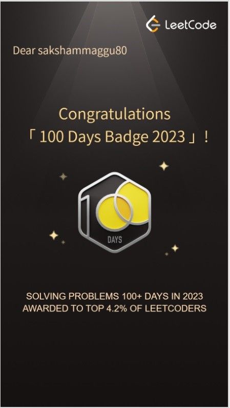 Achieved 100-day coding challenge on LeetCode | Saksham Maggu posted on ... Achieved 100-day coding challenge on LeetCode | Saksham Maggu posted on ...
