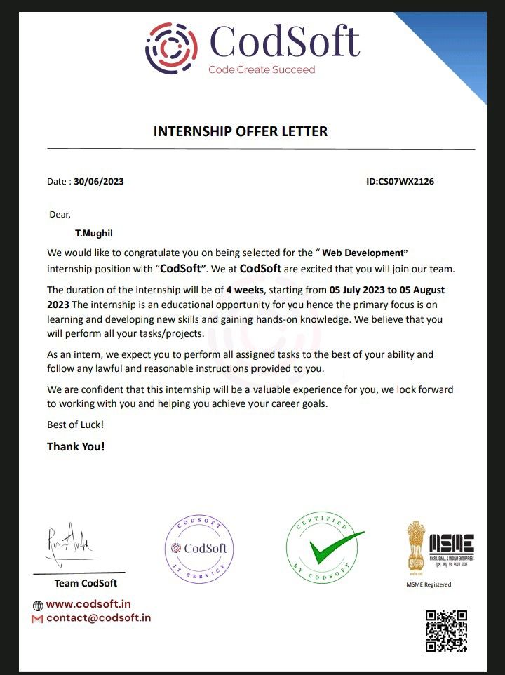 Mughil T on LinkedIn: #internship #codsoft #intern # ... Mughil T on LinkedIn: #internship #codsoft #intern # ...