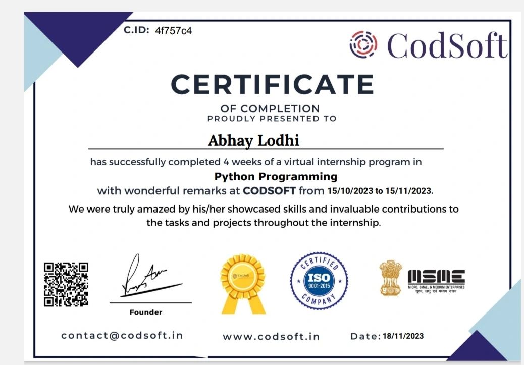 Abhay Lodhi on LinkedIn: #internship #pythonprogramming #codsoft #aiml ... Abhay Lodhi on LinkedIn: #internship #pythonprogramming #codsoft #aiml ...