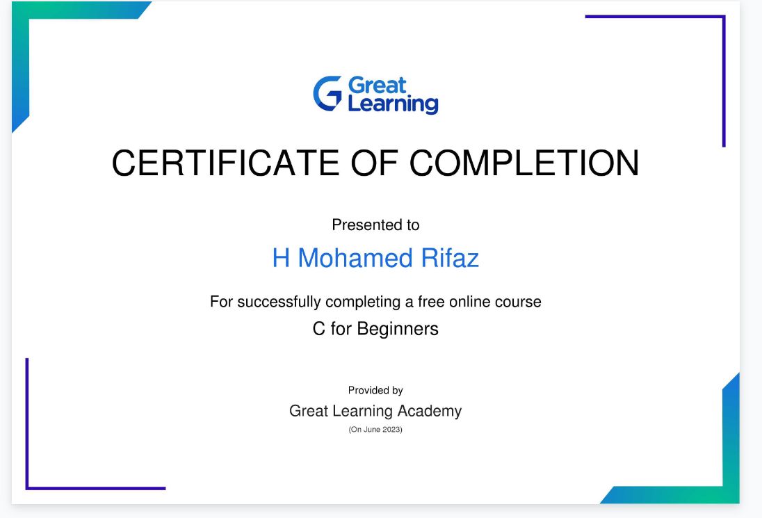 MOHAMED RIFAZ on LinkedIn: Completion certificate for C programming MOHAMED RIFAZ on LinkedIn: Completion certificate for C programming
