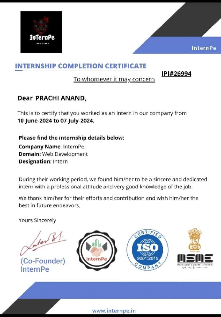Prachi Anand on LinkedIn: #webdevelopment #css #javascript #html #internpe Prachi Anand on LinkedIn: #webdevelopment #css #javascript #html #internpe