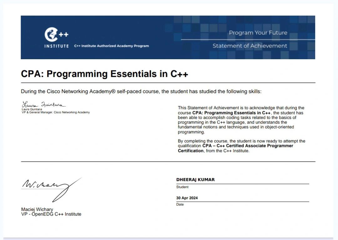 DHEERAJ KUMAR on LinkedIn: #cisco #programming #cplusplus #certification DHEERAJ KUMAR on LinkedIn: #cisco #programming #cplusplus #certification