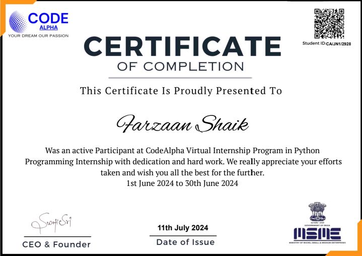 farzaan shaik on LinkedIn: #codealpha #pythonprogramming #certified # ... farzaan shaik on LinkedIn: #codealpha #pythonprogramming #certified # ...