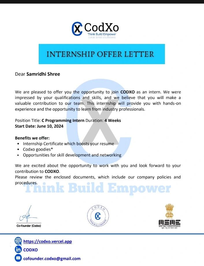 SAMRIDHI SHREE on LinkedIn: #internship #cprogramming #codxo #excited SAMRIDHI SHREE on LinkedIn: #internship #cprogramming #codxo #excited