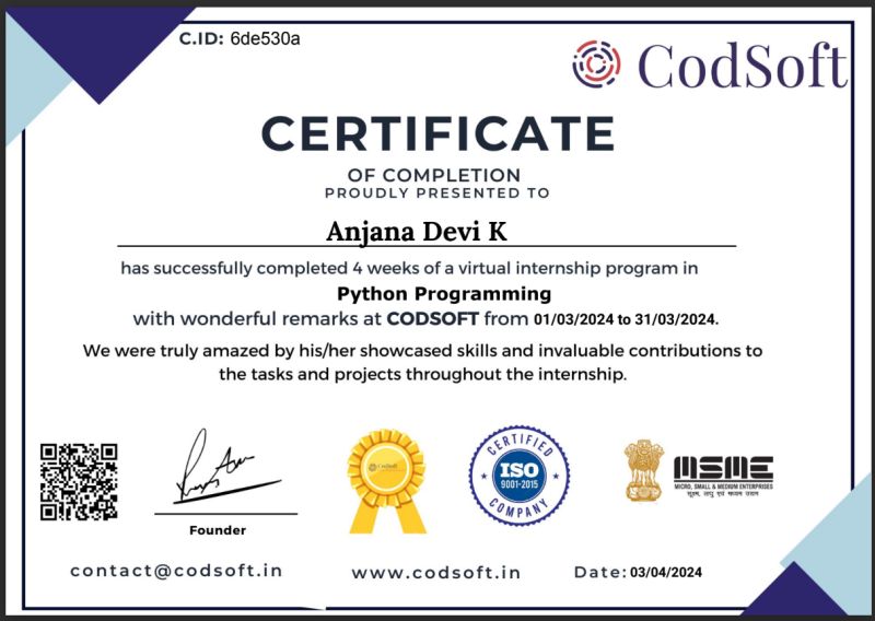 ANJANA DEVI on LinkedIn: #python #internship #codsoft ANJANA DEVI on LinkedIn: #python #internship #codsoft