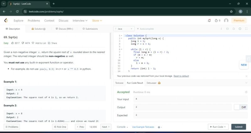 Keerthana V on LinkedIn: ---LeetCode Challenge--- Day 7/💯 69 - Sqrt(x) Keerthana V on LinkedIn: ---LeetCode Challenge--- Day 7/💯 69 - Sqrt(x)