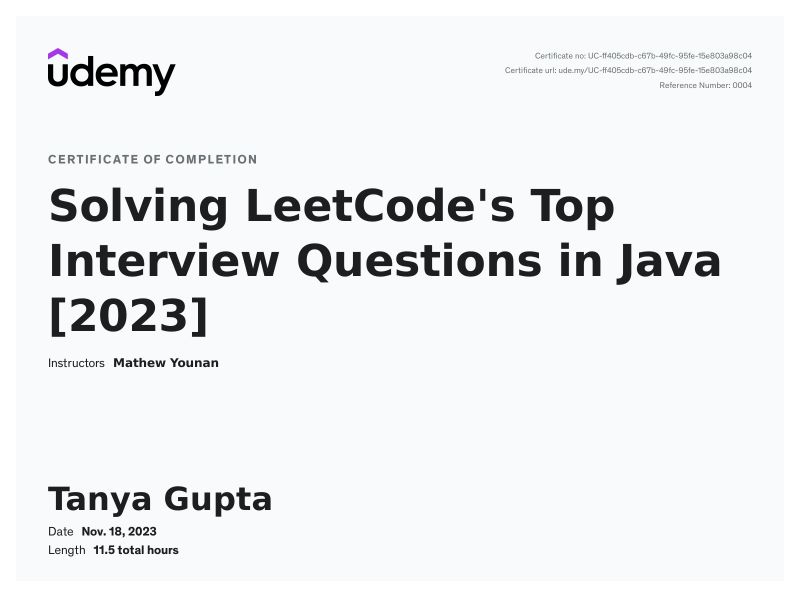 Tanya Gupta on LinkedIn: #leetcode #udemy #codingjourney #achievement Tanya Gupta on LinkedIn: #leetcode #udemy #codingjourney #achievement