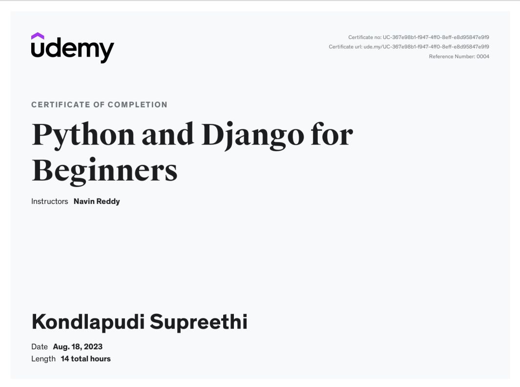 Kondlapudi Supreethi Reddy on LinkedIn: #python #django #udemy # ... Kondlapudi Supreethi Reddy on LinkedIn: #python #django #udemy # ...