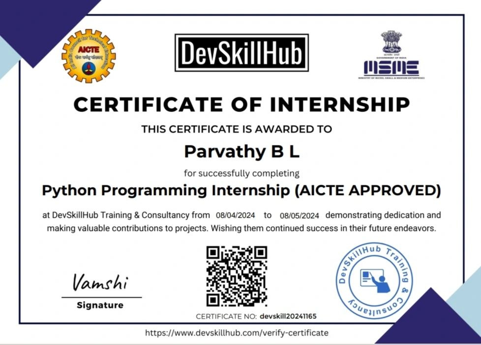 Parvathy B L on LinkedIn: #python_internship #devskillhub_training_and ... Parvathy B L on LinkedIn: #python_internship #devskillhub_training_and ...
