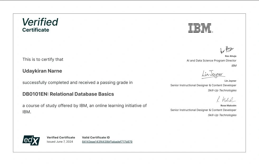 Uday Kiran Narne on LinkedIn: #certification #ibm #relationaldatabases ... Uday Kiran Narne on LinkedIn: #certification #ibm #relationaldatabases ...