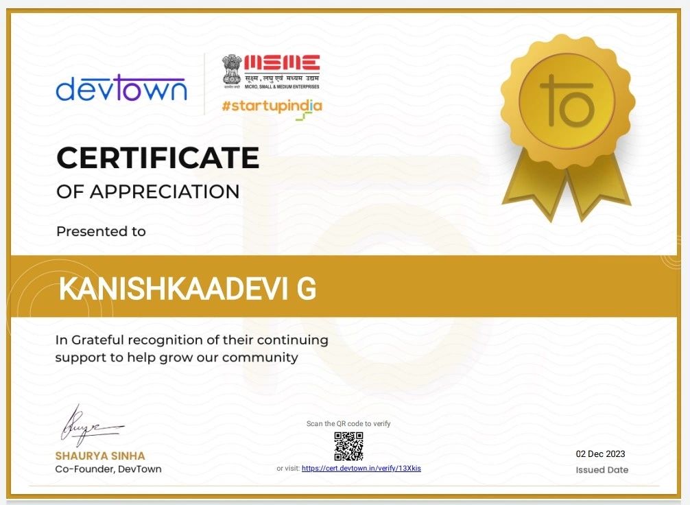 Kanishkaadevi G on LinkedIn: #devtown Kanishkaadevi G on LinkedIn: #devtown