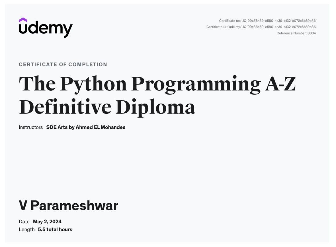 V PARAMESHWAR on LinkedIn: #python #certification #udemy #programming # ... V PARAMESHWAR on LinkedIn: #python #certification #udemy #programming # ...