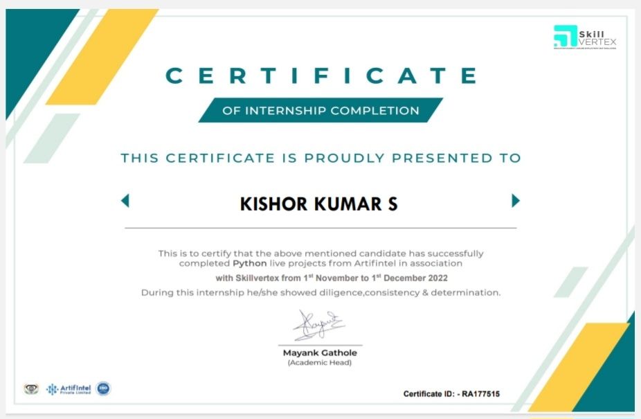 Kishor Kumar S on LinkedIn: #internship #skillvertex #python Kishor Kumar S on LinkedIn: #internship #skillvertex #python