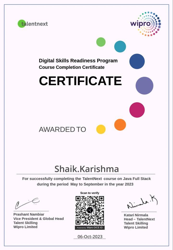 Karishma Shaik on LinkedIn: #wipro #javafullstack Karishma Shaik on LinkedIn: #wipro #javafullstack