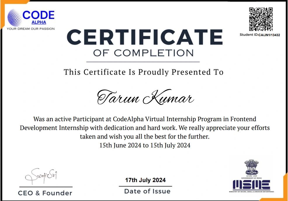 Tarun Kumar on LinkedIn: #internship #frontenddevelopment #codealpha # ... Tarun Kumar on LinkedIn: #internship #frontenddevelopment #codealpha # ...
