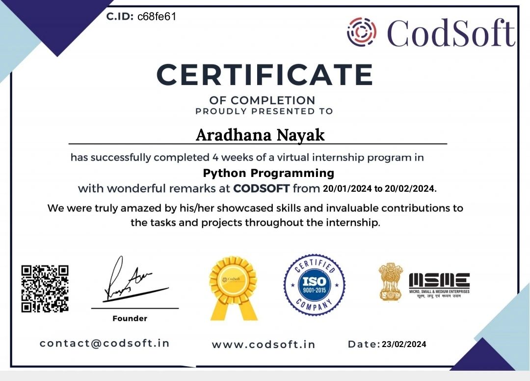 Aradhana Nayak on LinkedIn: #codsoft #internship Aradhana Nayak on LinkedIn: #codsoft #internship