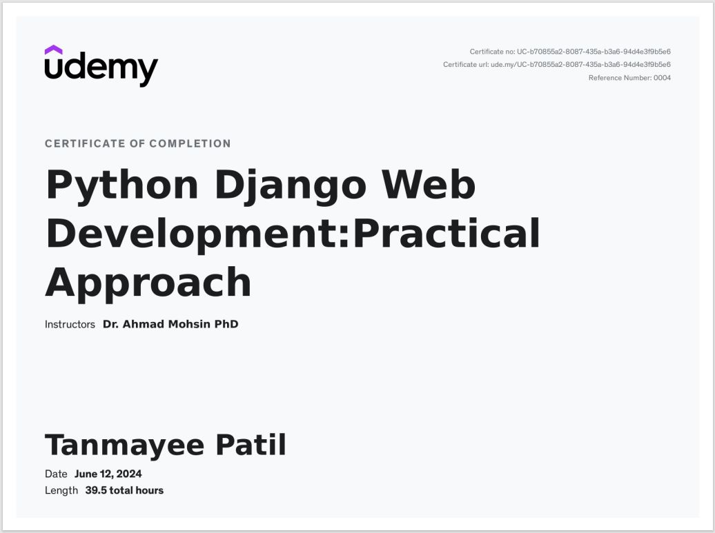 Tanmayee Patil on LinkedIn: #udemy #django #python #webdevelopment # ... Tanmayee Patil on LinkedIn: #udemy #django #python #webdevelopment # ...