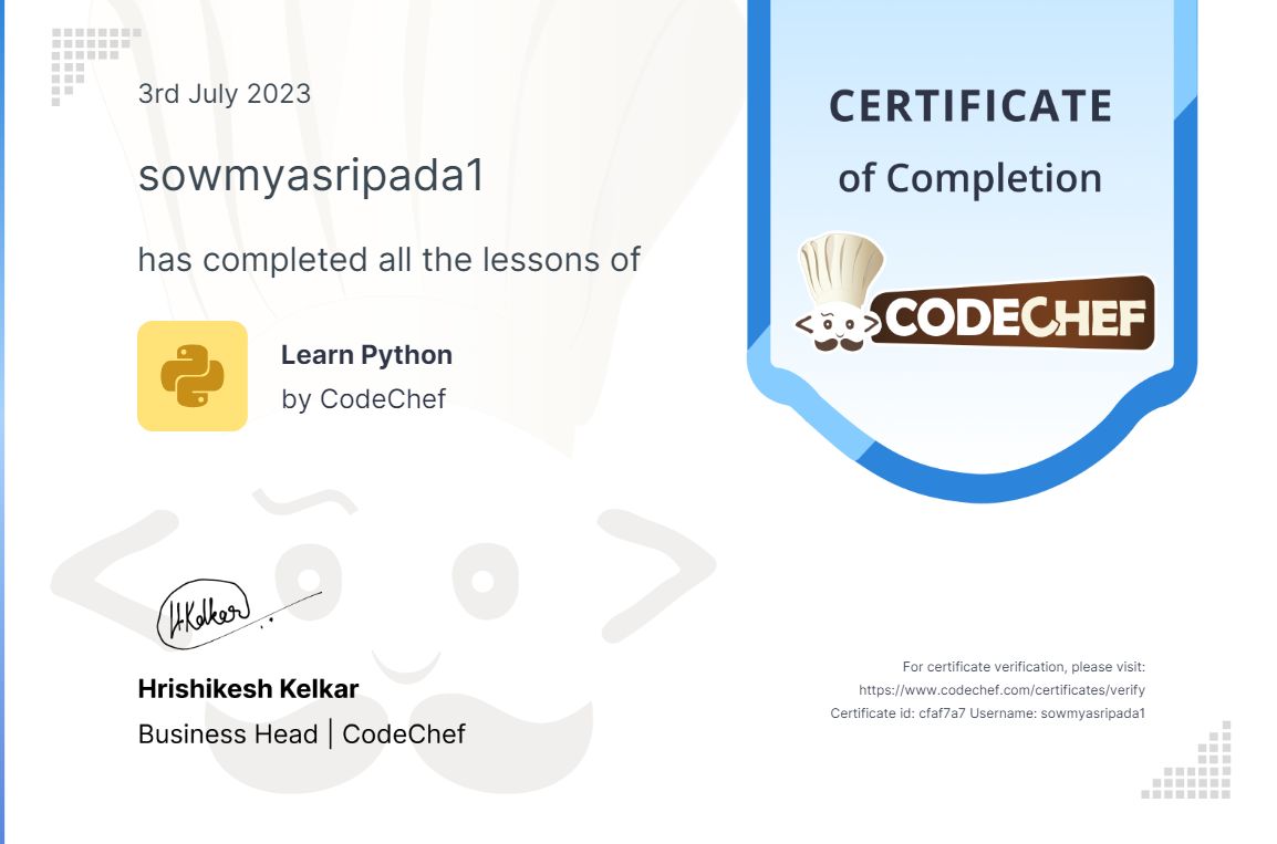 Sowmya Sripada on LinkedIn: #python #codechef #certification Sowmya Sripada on LinkedIn: #python #codechef #certification