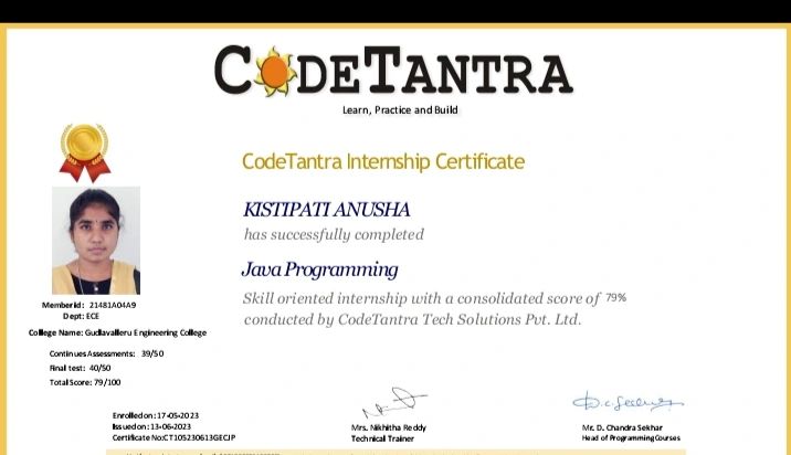 Kistipati Anusha on LinkedIn: #javaprogramming #codetantra #internship ... Kistipati Anusha on LinkedIn: #javaprogramming #codetantra #internship ...