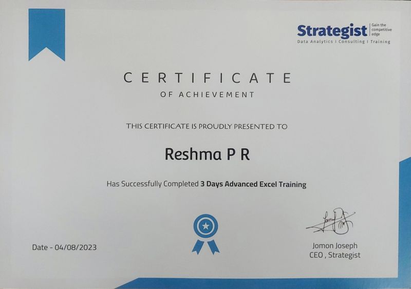 Reshma P R on LinkedIn: Successfully completed Advanced excel training ... Reshma P R on LinkedIn: Successfully completed Advanced excel training ...