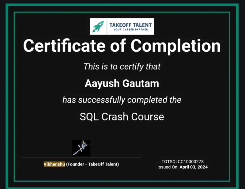 Completion of SQL crash course | Aayush Gautam posted on the topic ... Completion of SQL crash course | Aayush Gautam posted on the topic ...