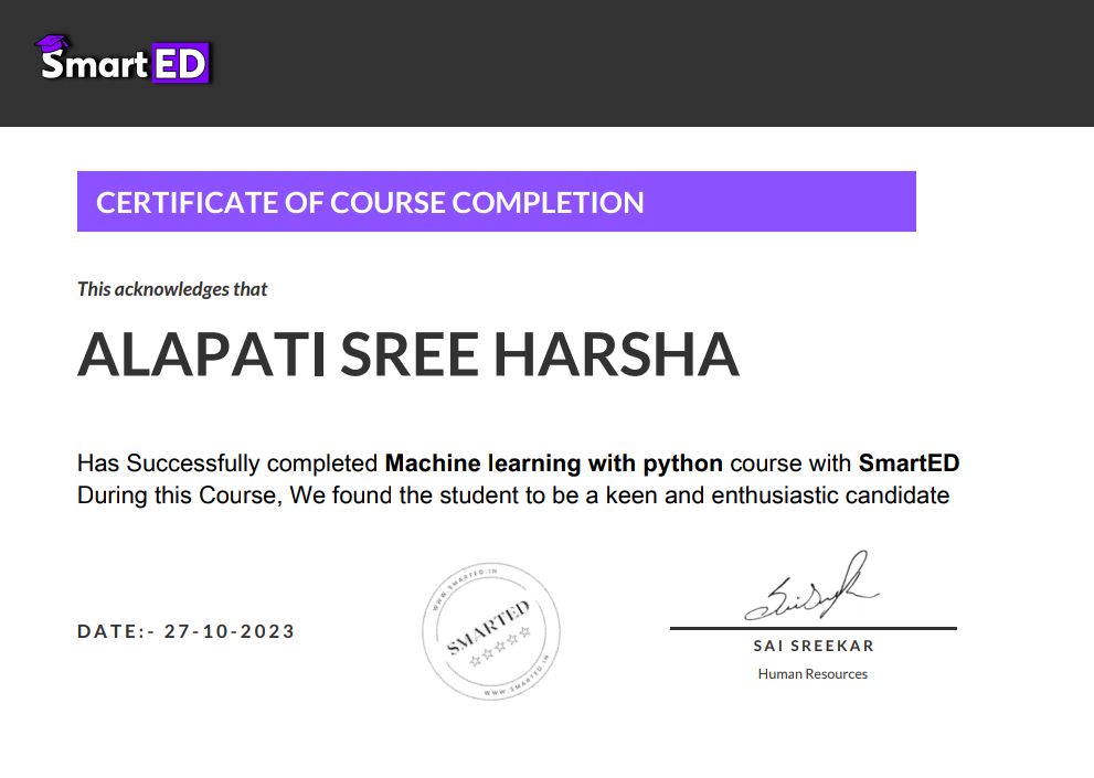 Completed Machine learning with python course with SmartEd | Sree ... Completed Machine learning with python course with SmartEd | Sree ...