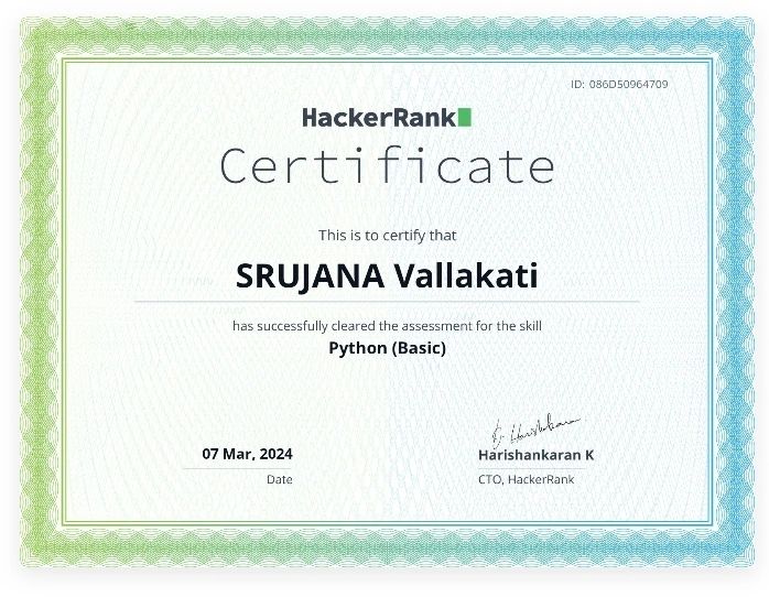 Srujana Vallakati on LinkedIn: #python #certification #hackerrank # ... Srujana Vallakati on LinkedIn: #python #certification #hackerrank # ...