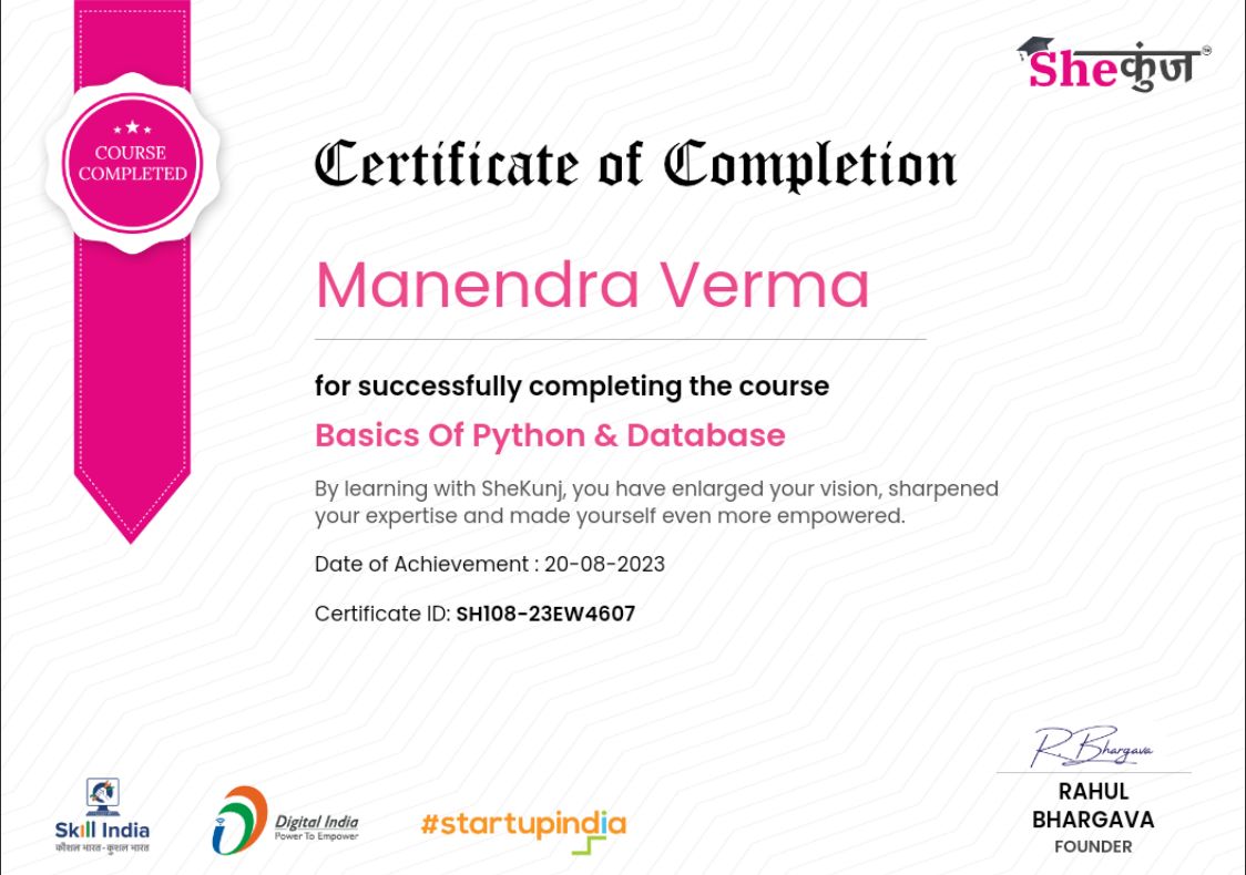 Manendra Verma on LinkedIn: #certificationachievement #python #database ... Manendra Verma on LinkedIn: #certificationachievement #python #database ...
