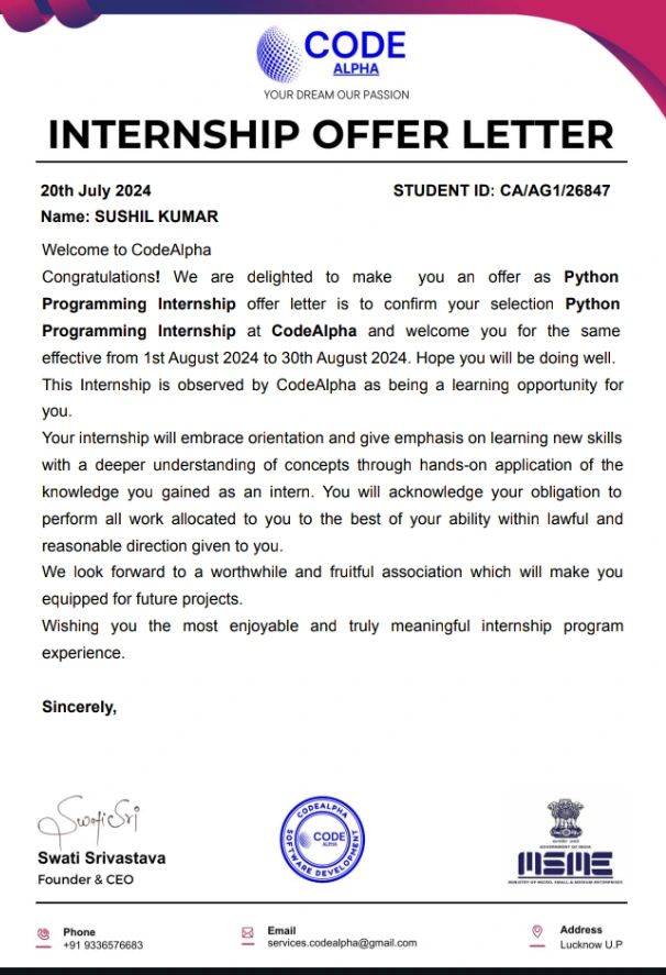 Sushil Kumar on LinkedIn: #internship #codealpha #python #careergrowth ... Sushil Kumar on LinkedIn: #internship #codealpha #python #careergrowth ...