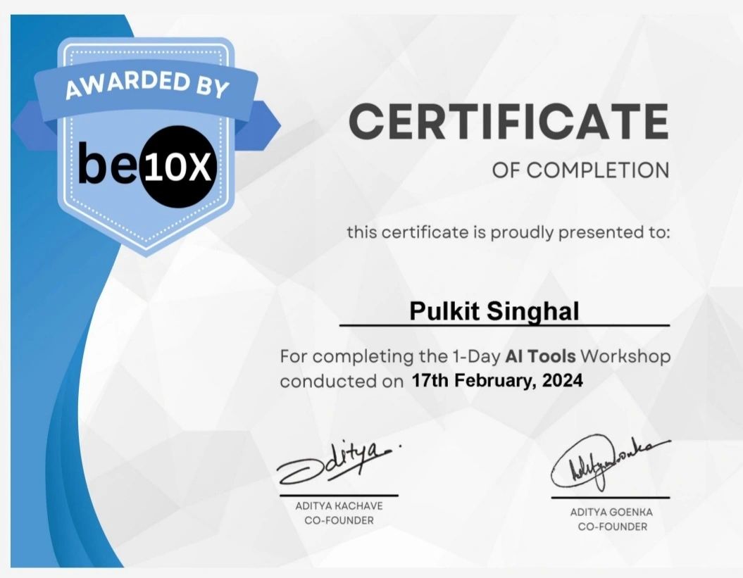 Completed AI tools workshop at be10x. Greatful for learning and ... Completed AI tools workshop at be10x. Greatful for learning and ...