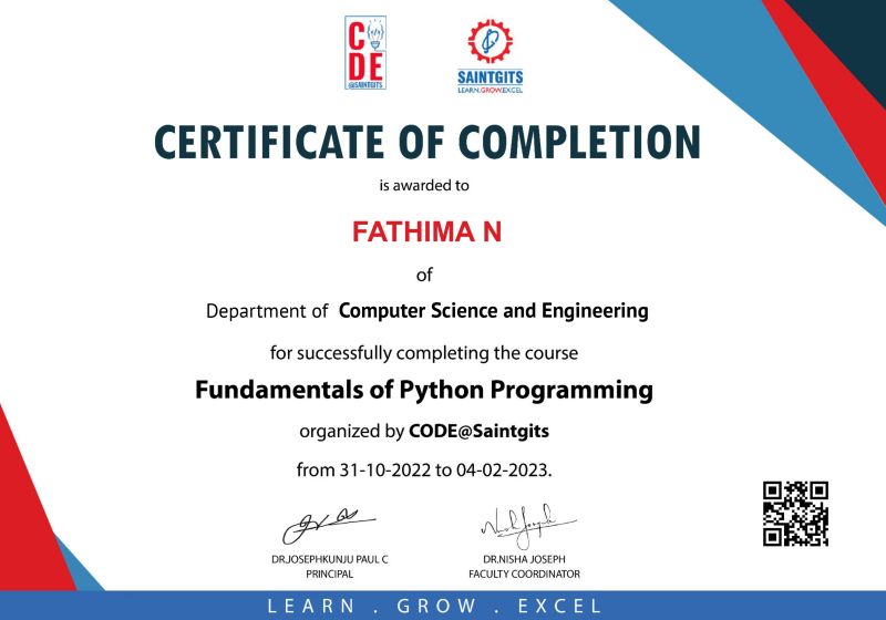 Fathima N on LinkedIn: Got certified in Python Programming language. Fathima N on LinkedIn: Got certified in Python Programming language.