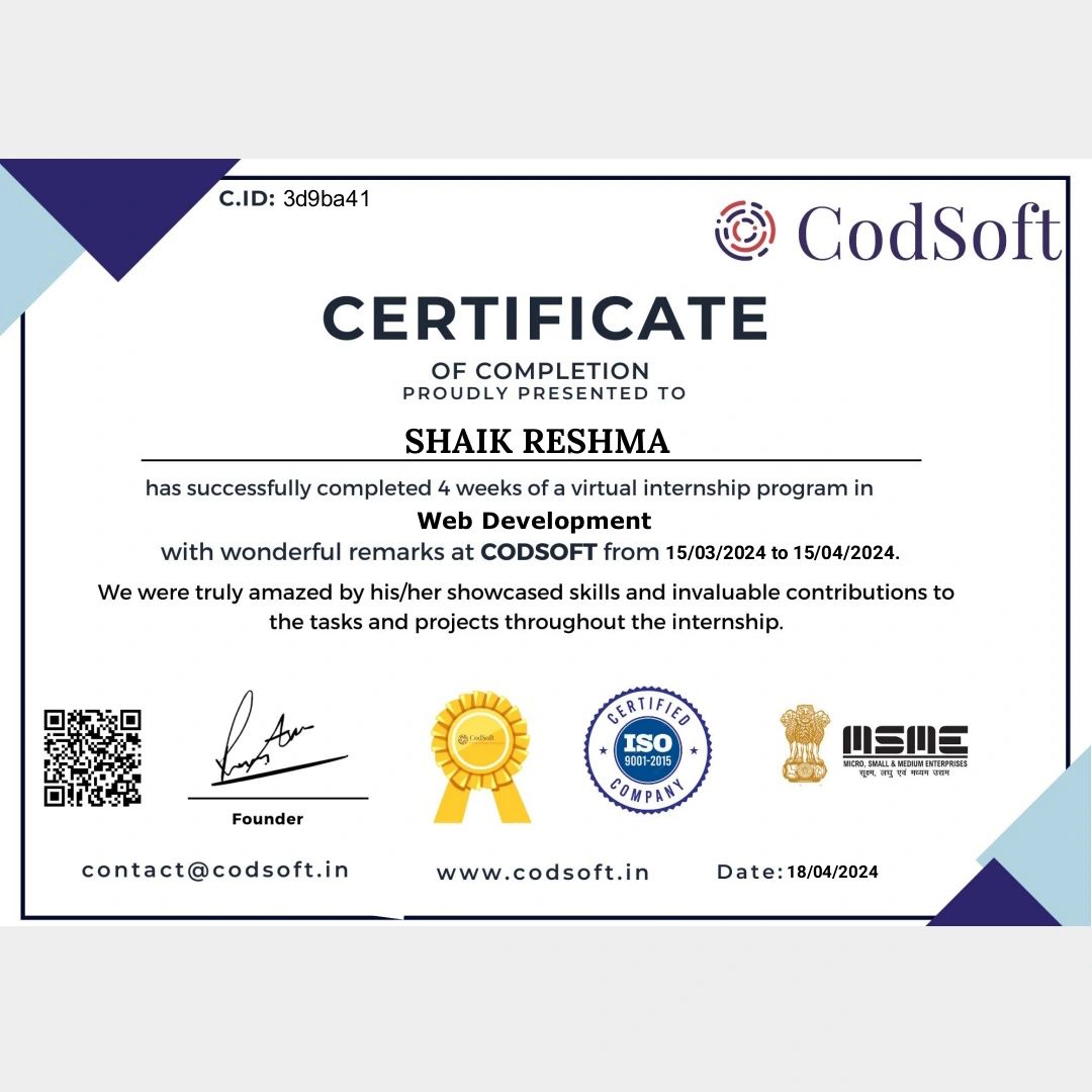 Reshma Shaik on LinkedIn: #codsoft #webdevelopment Reshma Shaik on LinkedIn: #codsoft #webdevelopment