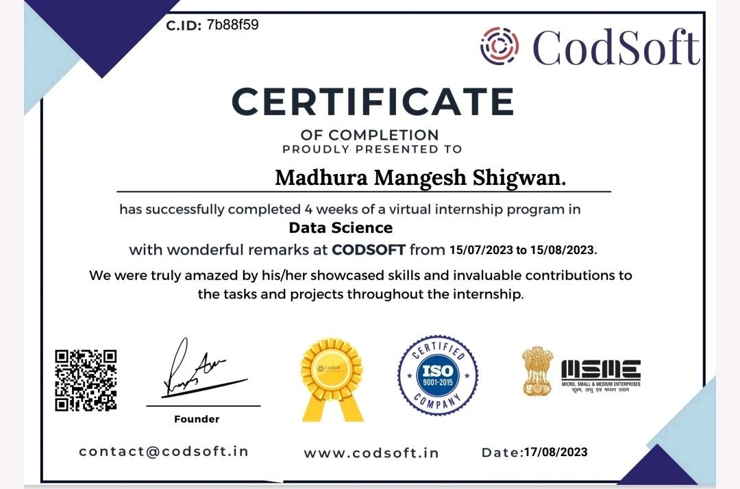 Madhura Shigwan on LinkedIn: #codesoftinternship #codsoft #cip Madhura Shigwan on LinkedIn: #codesoftinternship #codsoft #cip