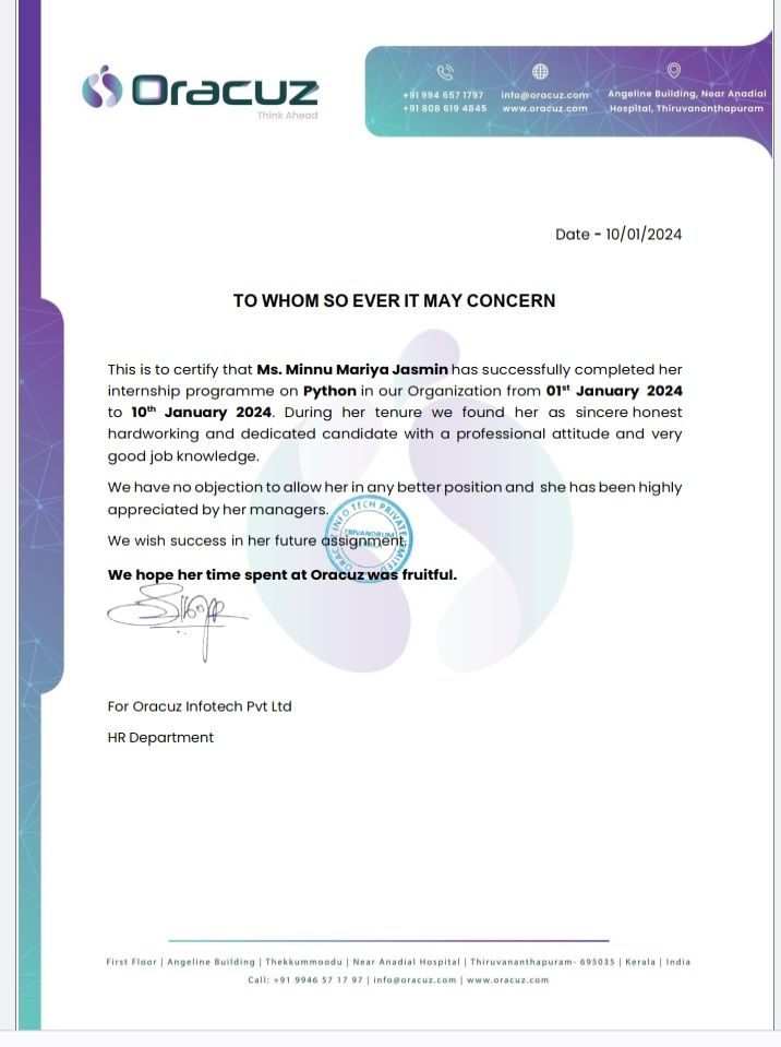 Minnu Mariya Jasmin on LinkedIn: #internshipcompleted # ... Minnu Mariya Jasmin on LinkedIn: #internshipcompleted # ...