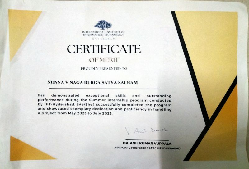 Sairam Nunna on LinkedIn: #achievement #internship #iiithyderabad Sairam Nunna on LinkedIn: #achievement #internship #iiithyderabad