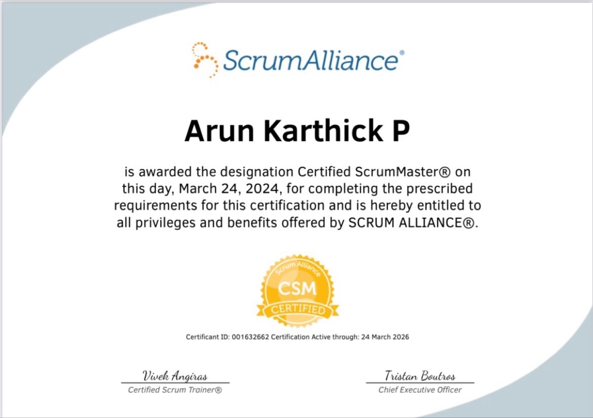 Arun Karthick P on LinkedIn: #certifiedscrummaster # ... Arun Karthick P on LinkedIn: #certifiedscrummaster # ...
