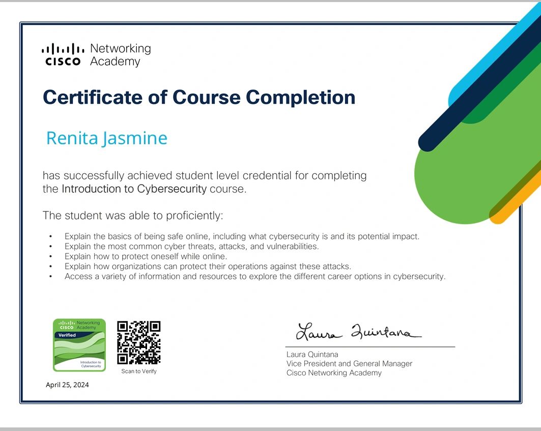 Renita Jasmine T on LinkedIn: Successfully completed a course in CISCO ️ Renita Jasmine T on LinkedIn: Successfully completed a course in CISCO ️