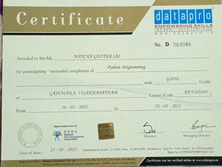 Matcha Geetha on LinkedIn: Certified by DataPro on python programming Matcha Geetha on LinkedIn: Certified by DataPro on python programming