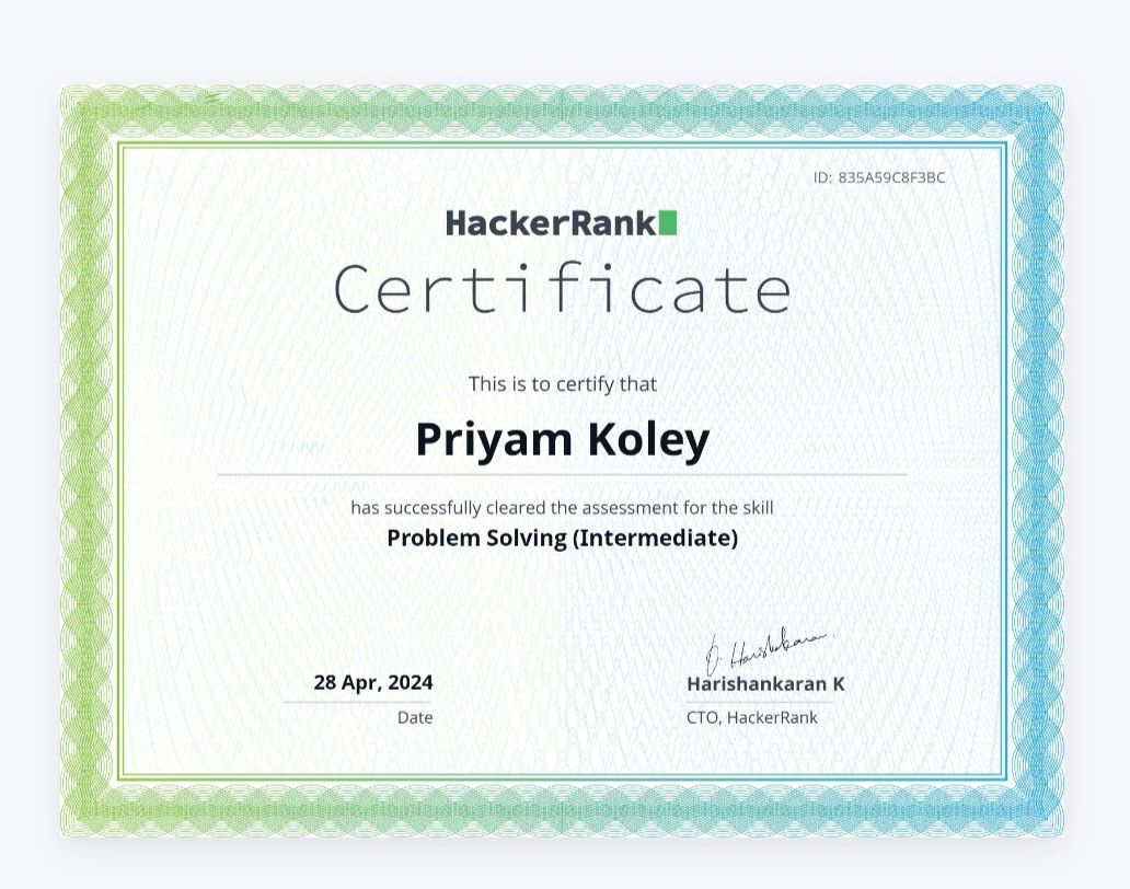 Earned HackerRank Problem Solving (Intermediate) | Priyam Koley posted ... Earned HackerRank Problem Solving (Intermediate) | Priyam Koley posted ...