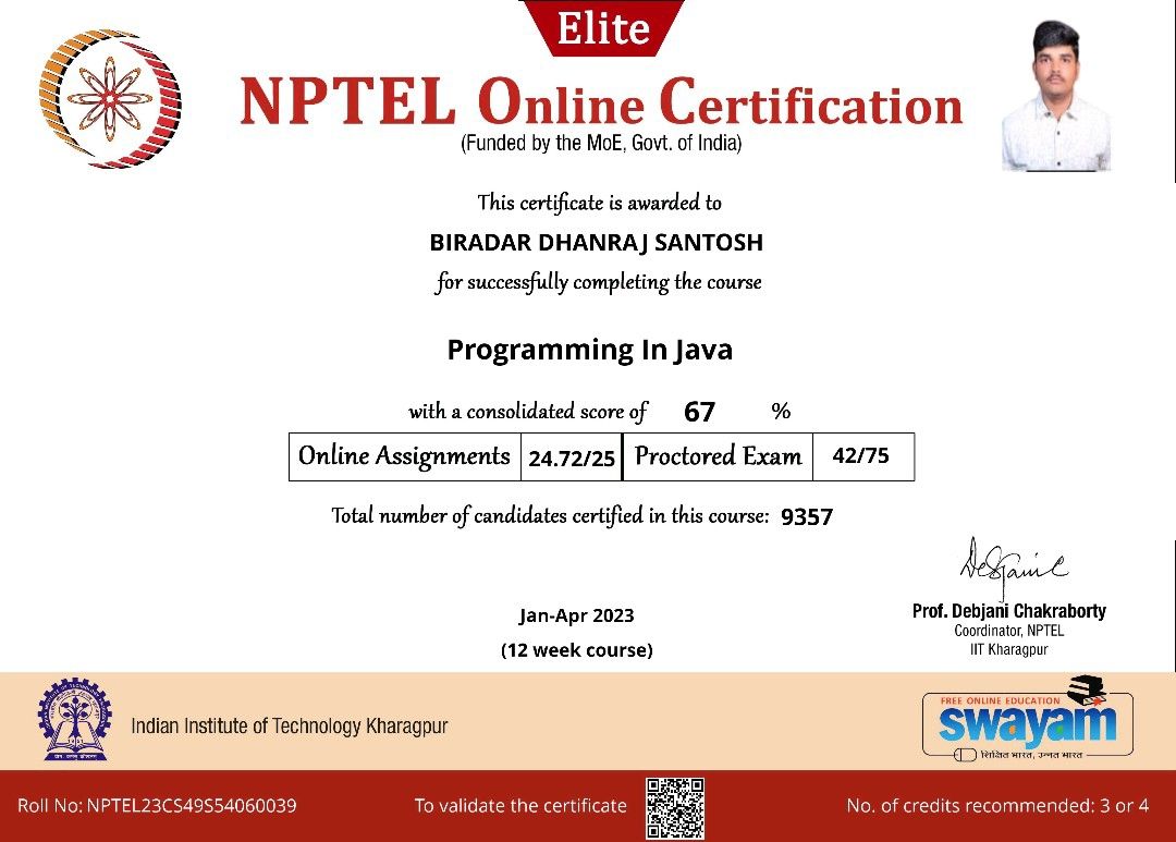 Dhanraj Biradar on LinkedIn: #java #nptel #certification Dhanraj Biradar on LinkedIn: #java #nptel #certification
