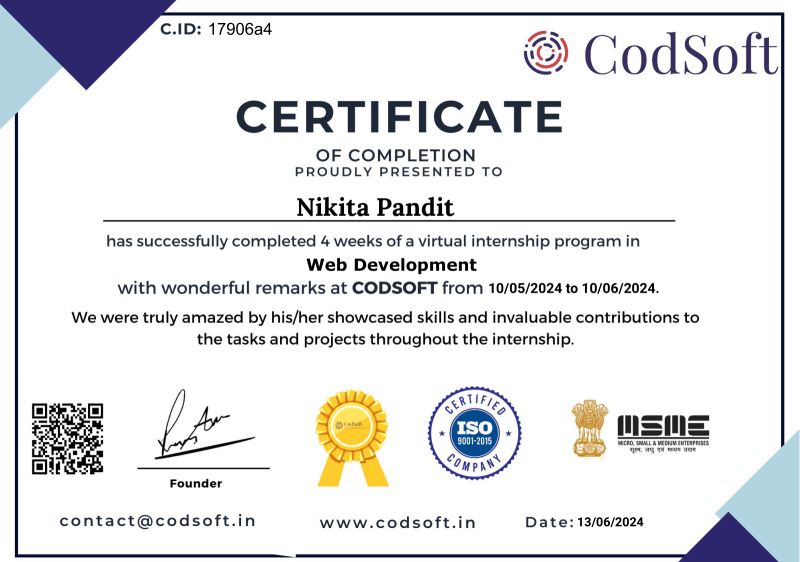 NIKITA PANDIT. on LinkedIn: #webdevelopment #internship #codsoft #cip NIKITA PANDIT. on LinkedIn: #webdevelopment #internship #codsoft #cip