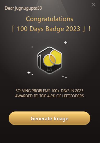 Earned 100 Days Badge 2023 on LeetCode | Jugnu Gupta posted on the ... Earned 100 Days Badge 2023 on LeetCode | Jugnu Gupta posted on the ...