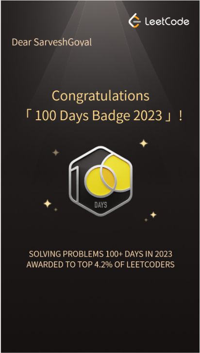 Completion of LeetCode challenge! | sarvesh goyal posted on the topic ... Completion of LeetCode challenge! | sarvesh goyal posted on the topic ...