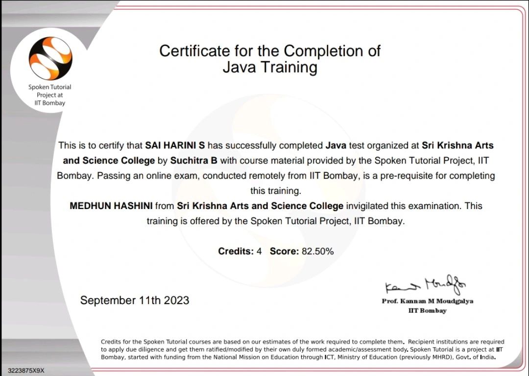 Sai Harini S on LinkedIn: Successfully completed Java in Spoken Tutorial Sai Harini S on LinkedIn: Successfully completed Java in Spoken Tutorial