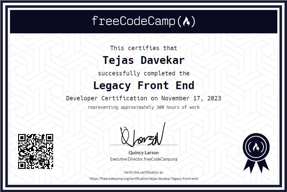 Tejas D. on LinkedIn: #freecodecamp #frontenddeveloper #certification Tejas D. on LinkedIn: #freecodecamp #frontenddeveloper #certification